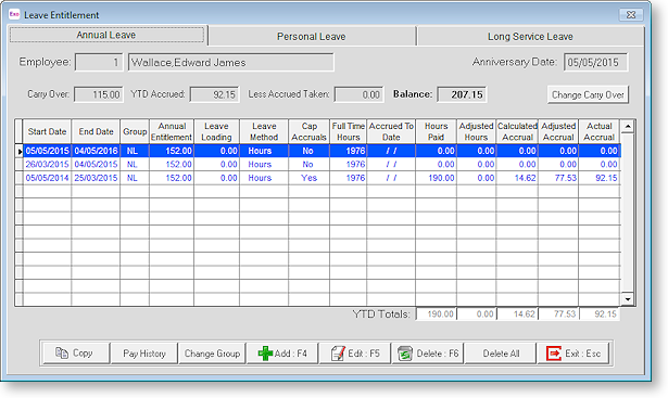Exo Payroll - Leave Entitlements Tab