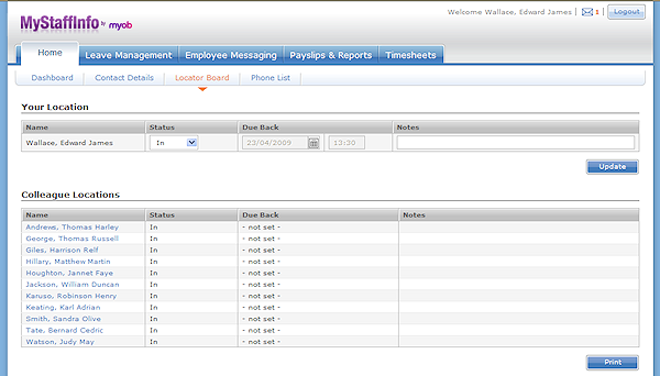 MYOB MyStaffInfo Help - Locator Board