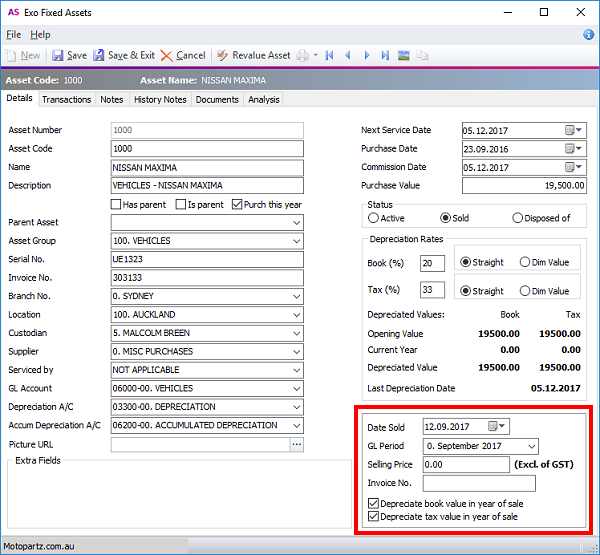 Exo Fixed Assets Help - Selling an Asset