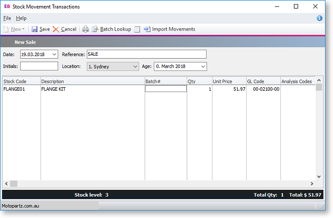 Exo Business Help - Entering a Stock Movement Transaction