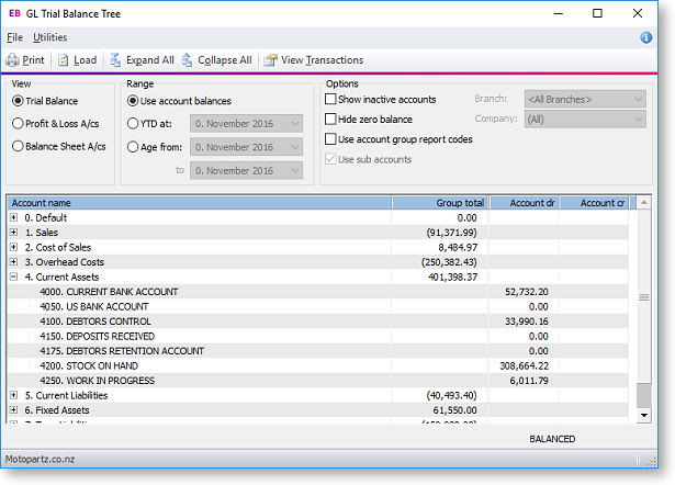 Exo Business Help GL Trial Balance Tree