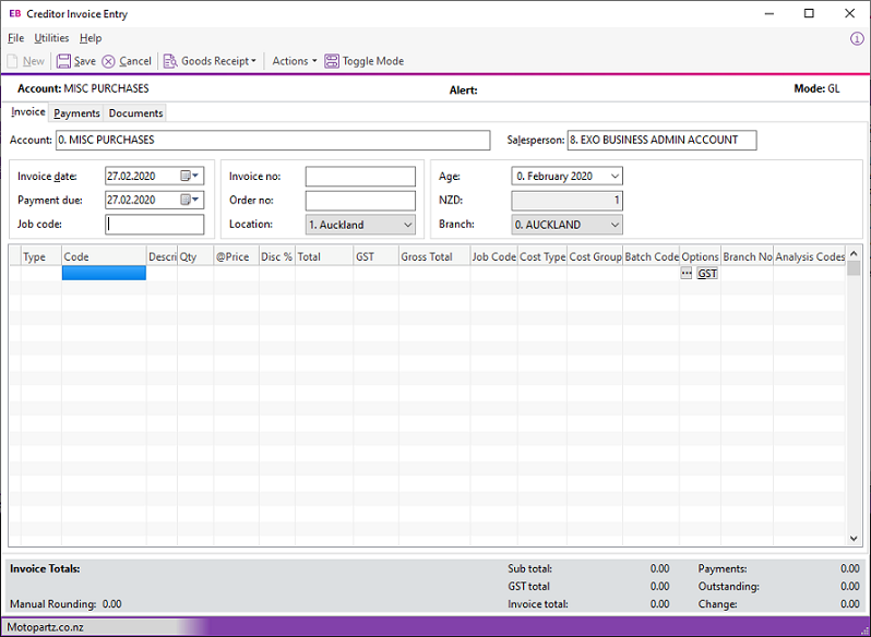 Exo Business Help - Entering a Creditor Invoice