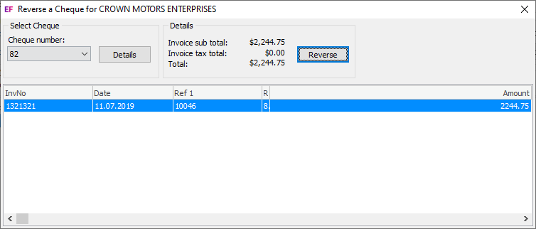 Exo Business Help - Reversing a Cheque