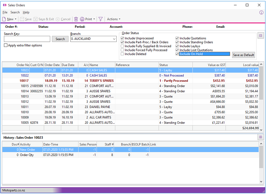 Exo Business Help - Searching for Sales Orders