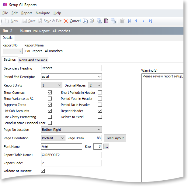 Exo Business Help - GL Report Writer Settings