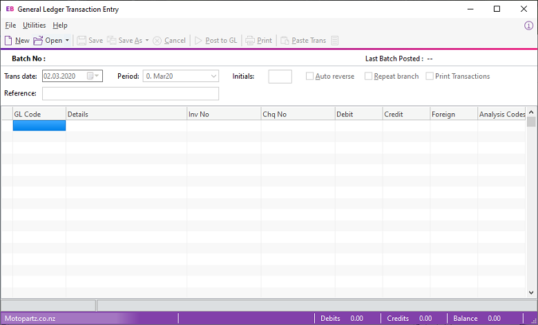 Exo Business Help - General Ledger Transaction Entry