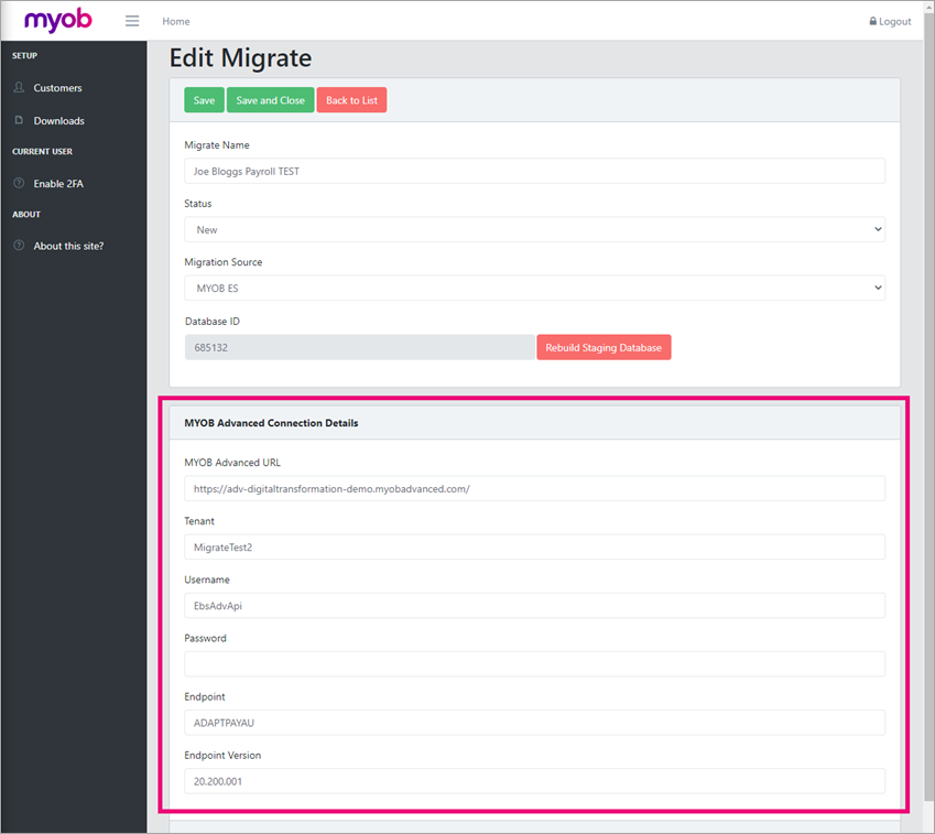 1. Setting up a migration in the online portal